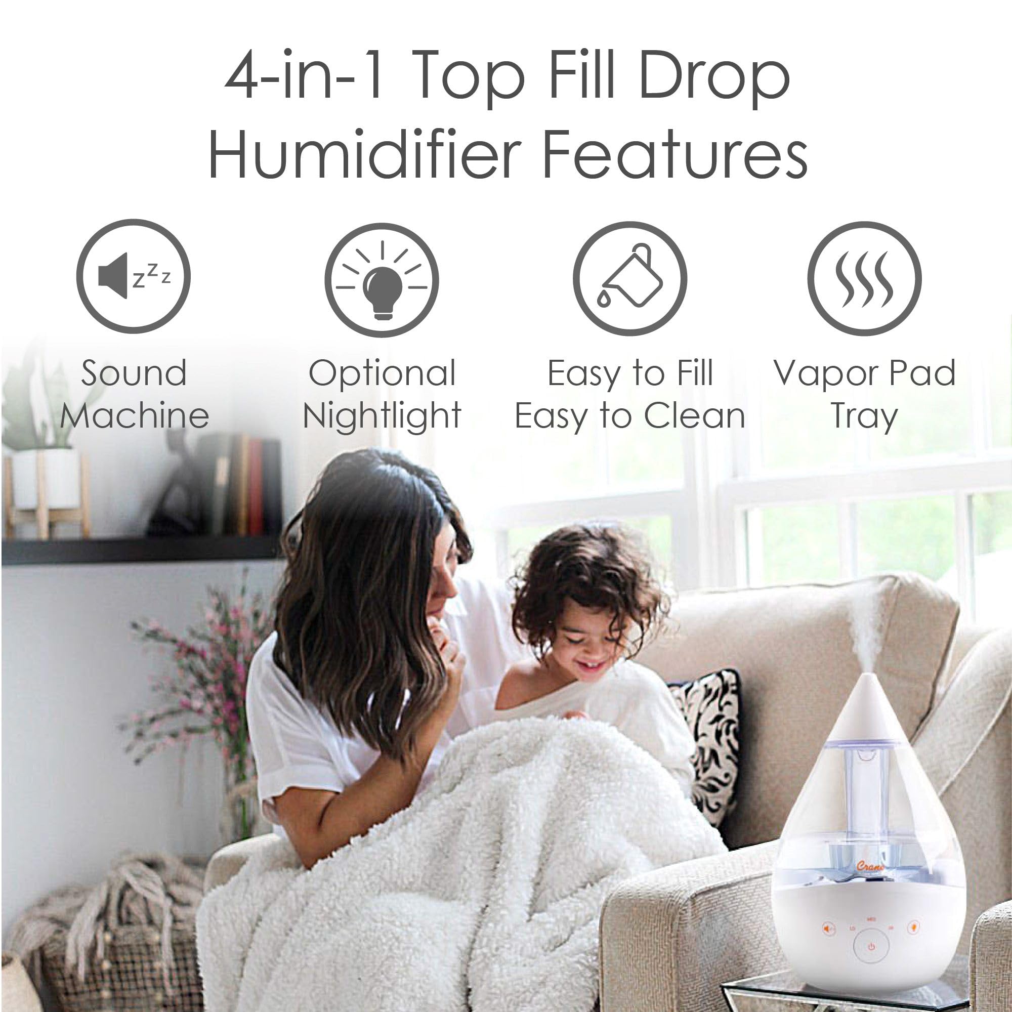 Crane Ultrasonic Humidifiers for Bedroom and Office, 1 Gallon 4-in-1 Cool Mist Air Humidifier for Large Room and Home, Humidifier Filters Optional, Clear & White