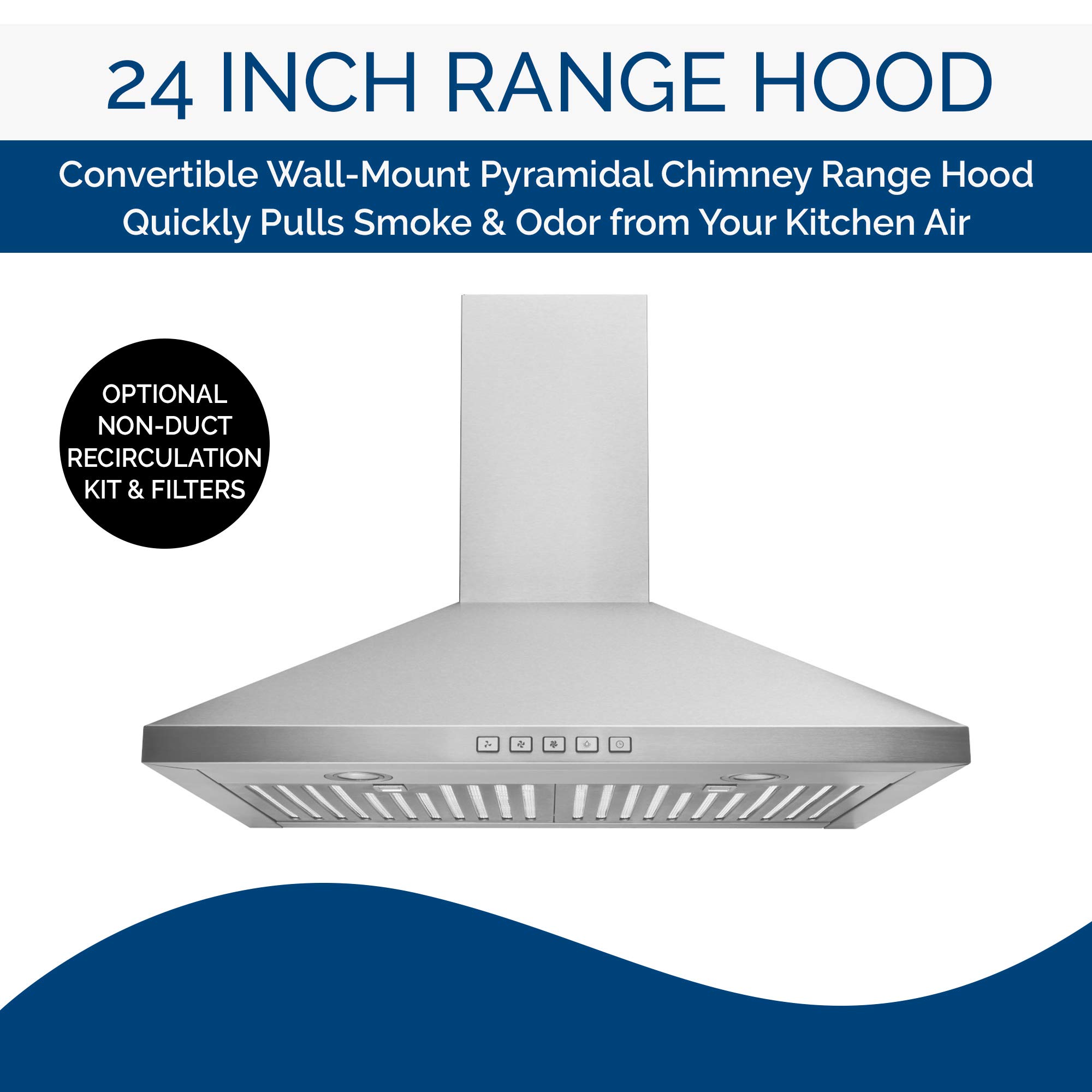 Broan-NuTone BWP2244SS 24-inch Wall-Mount Convertible Chimney-Style Pyramidal Range Hood with 3-Speed Exhaust Fan and Light, Stainless Steel