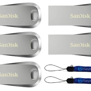 SanDisk Ultra Luxe 64GB USB 3.1 Flash Drive (Bulk 5 Pack) Works with Computer, Laptop, 150MB/s 64 GB PenDrive High Speed All Metal (SDCZ74-064G-G46) Bundle with (2) Everything But Stromboli Lanyards