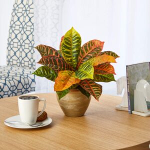 Nearly Natural 15in. Garden Croton Artificial Plant in Ceramic Planter (Real Touch)