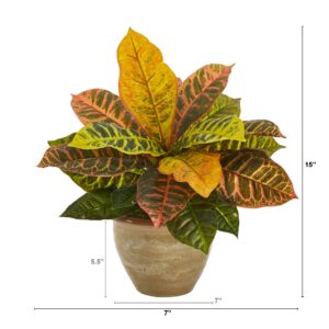 Nearly Natural 15in. Garden Croton Artificial Plant in Ceramic Planter (Real Touch)