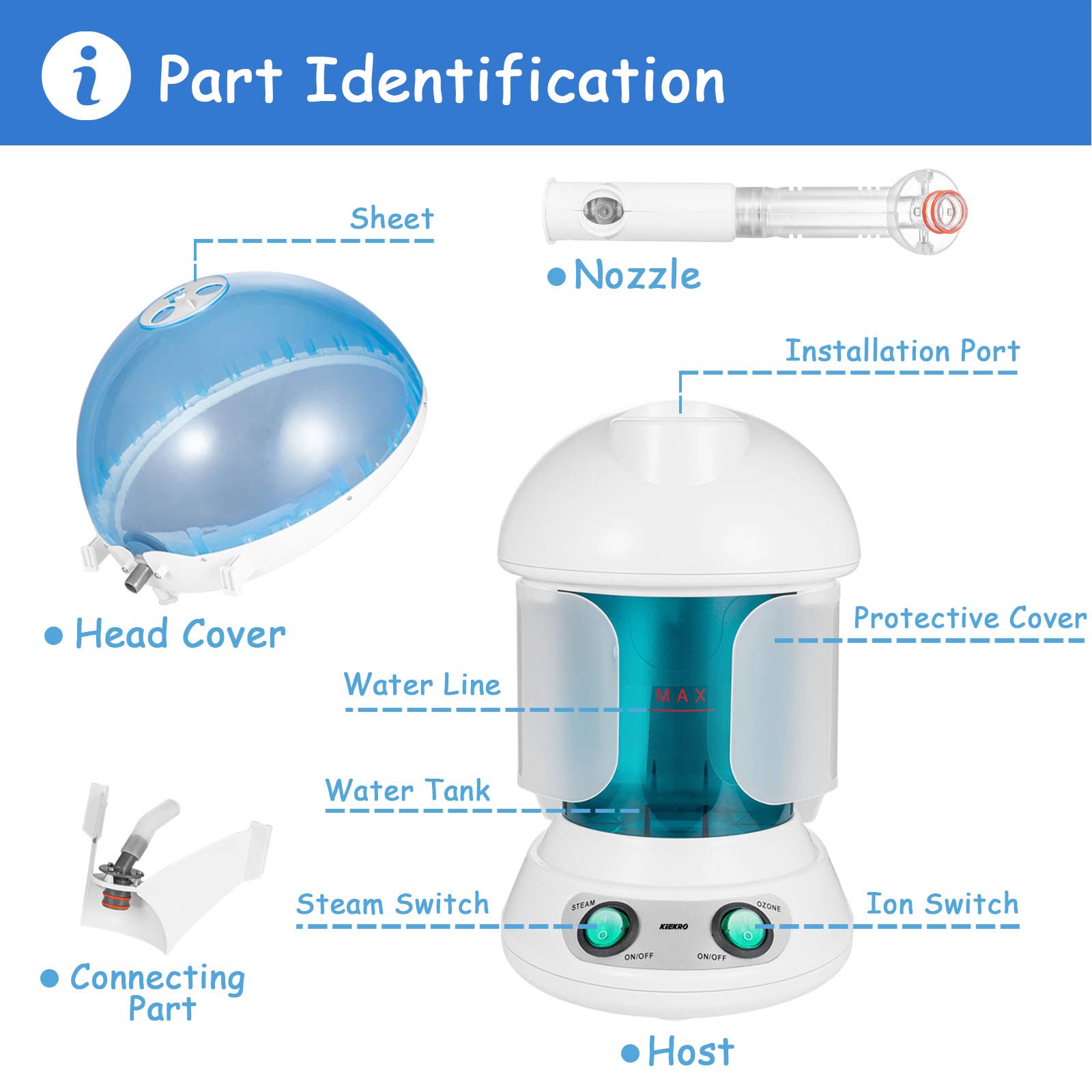 KIEKRO 2 in 1 Hair and Facial Steamer, Hair Steamer, Face Steamer, Hair Humidifier, Hot Mist Moisturizing, Hydration System Sprayer, Personal Care Use, Home and Salon (Blue White)