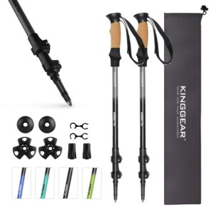 kinggear walking stick - adjustable hiking poles, 7075 aluminum trekking poles with quick flip lock, lightweight collapsible, anti-sweat cork grips, all terrain（black）