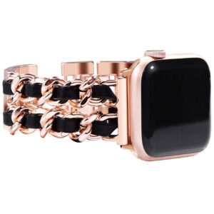 newways compatible for apple watch band series 8 series 7 41mm 40mm se series 6 5 4 3 38mm jewelry bracelet for iwatch band womens, rose gold link with black leather