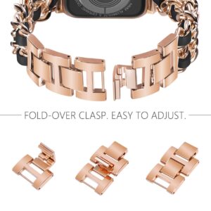 NewWays Compatible for Apple Watch Band Series 8 Series 7 41mm 40mm SE Series 6 5 4 3 38mm Jewelry Bracelet for iWatch Band Womens, Rose Gold Link with Black Leather