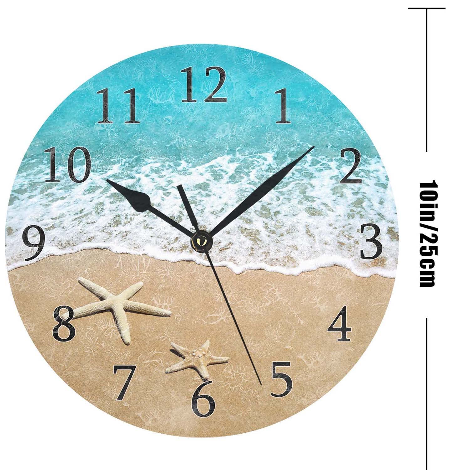 ATEDEANEI Silent Decorative Wall Clock Two Starfish Wooden 10 Inch Wall Decor Arabic Numerals For Bedroom Living Room Kitchen Bathroom