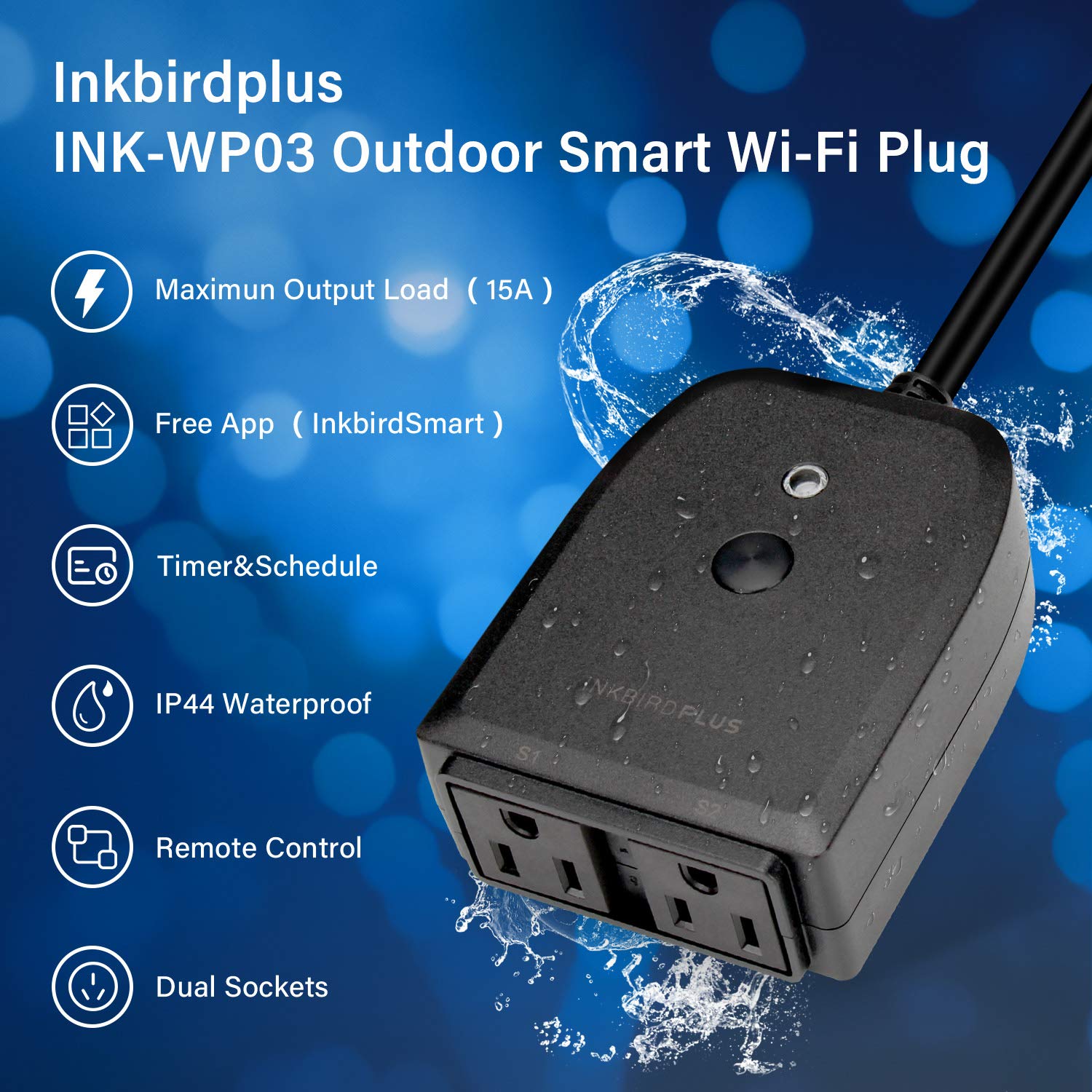 Inkbird Outdoor Light Timer Controller Waterproof WiFi Outdoor Light Outlet, 2 Sockets, Compatible with Alexa and Google Assistant