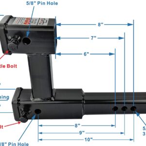 TOPTOW 64131HP Dual Hitch Extender, Fits for 2 inch Trailer Receivers, Extension to 10 inch Max. Length & 7-1/2" Riser or Drop