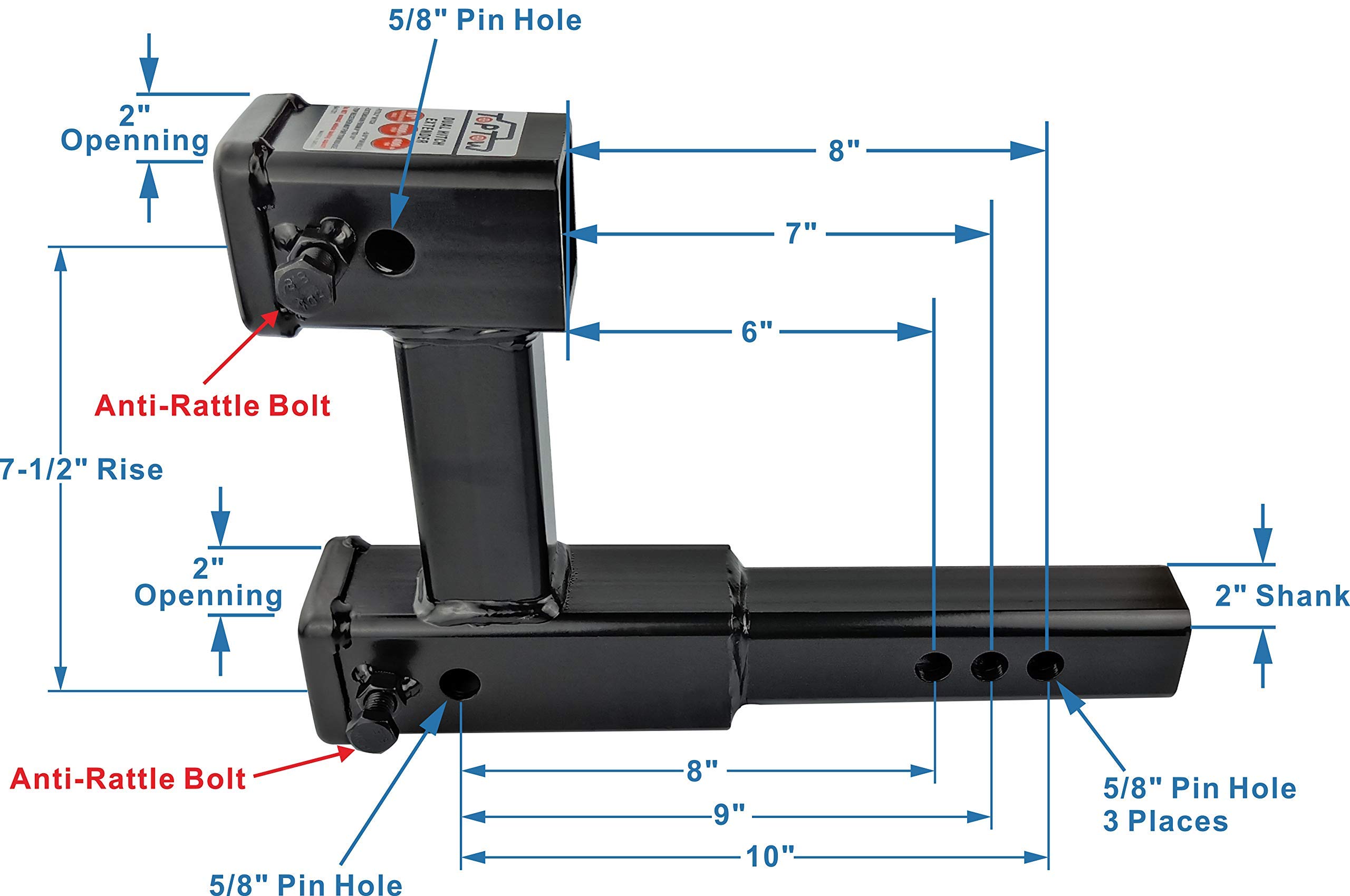 TOPTOW 64131HP Dual Hitch Extender, Fits for 2 inch Trailer Receivers, Extension to 10 inch Max. Length & 7-1/2" Riser or Drop