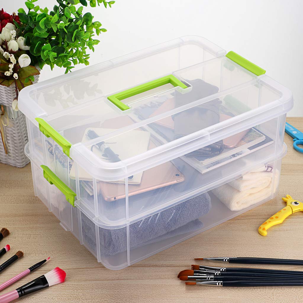 JUXYES 2-Tiers Stack Carry Storage Box With Handle, Transparent Stackable Storage Bin With Handle Lid Latching Storage Container for School & Office Supplies (Green)