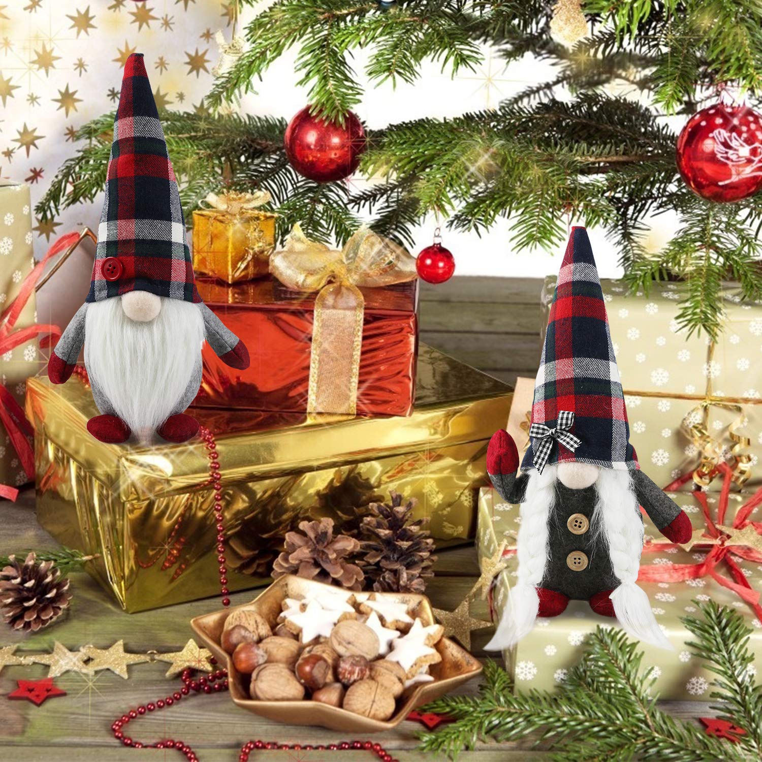 Christmas Gnomes Decorations - Mr and Mrs Buffalo Plaid Xmas Gnome Plush, Handmake Scandinavian Tomte for Christmas Home Table Tiered Tray Decor Gifts - Farmhouse Decor