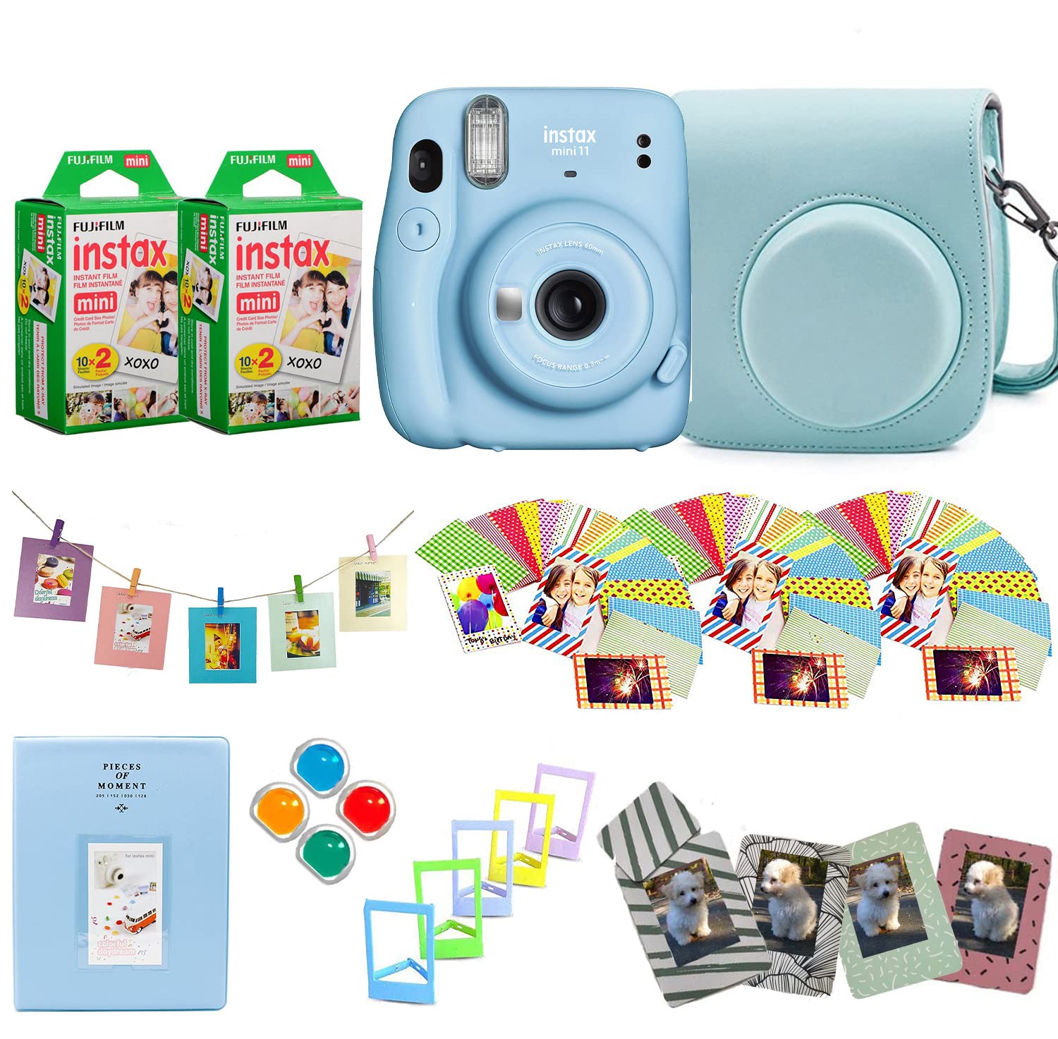 Fujifilm Instax Mini 11 Instant Camera + Fuji Instax Film 40 Shots + Protective Case + Magnetic Frames + Album, Frames Design Kit (Sky Blue)