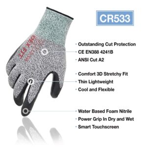 DEX FIT Level 2 Cut Resistant Gloves CR533 - Firm Non-Slip Grip; Thin & Lightweight; Durable & Foam Coated; Soft & 3D-Comfort Fit; Washable; Grey 8 (M) 1 Pair