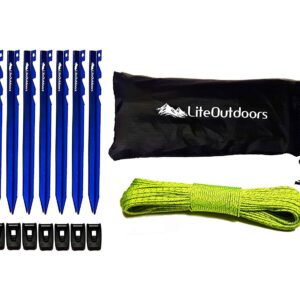 LITEOUTDOORS Ultralight Tent Stake Kit - 12 Aluminum Tent Pegs, 100' Reflective Guyline, 12 Cord Tensioners - for Backpacking, Hiking, Camping