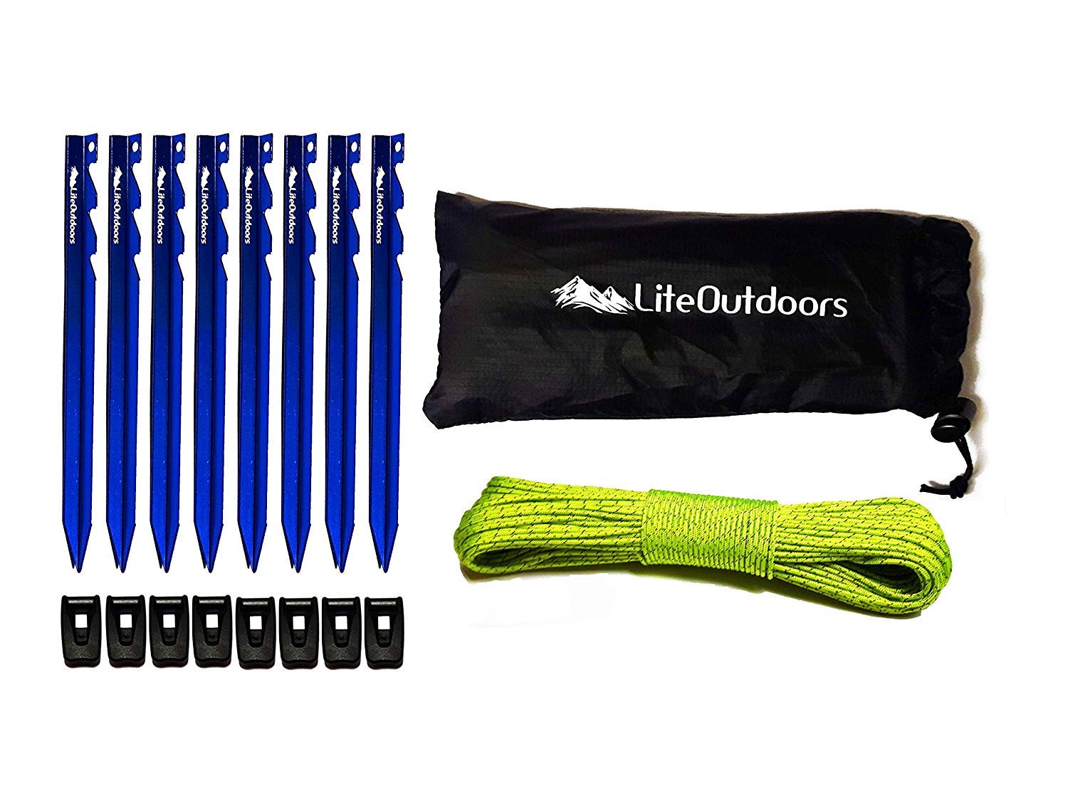 LITEOUTDOORS Ultralight Tent Stake Kit - 12 Aluminum Tent Pegs, 100' Reflective Guyline, 12 Cord Tensioners - for Backpacking, Hiking, Camping