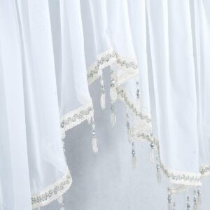 JAIJY Sheer Solid Country Curtain Drapes Window Treatment Valances Beaded Ascot Rod Pocket Curtains for Small Window Garden Living Room Home Bedroom Kitchen Cafe Farmhouse, 2 Panels, White