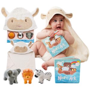 tickle & main noahs ark toy gift set, 5-piece set includes book, hooded towel, & 3 squirt toys for toddlers & kids