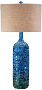 possini euro design mid century modern style table lamp with table top dimmer 36" tall teal glaze ceramic tan linen drum shade for living room bedroom house bedside home entryway (colors may vary)