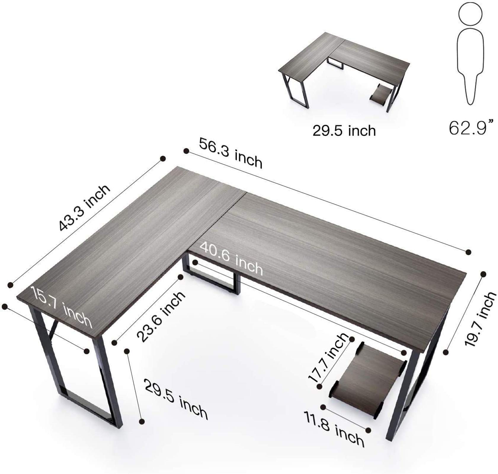 CX Modern L-Shaped Corner Desk Computer Desk Gaming Office PC Table, Sturdy Simple Industrial Style Home Office Writing Workstation Steel