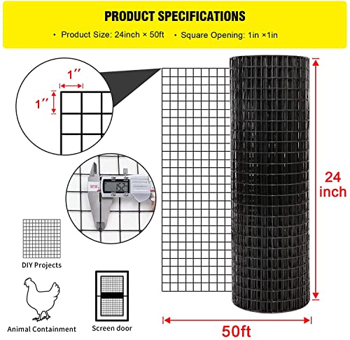 24'' x 50' 1inch Hardware Cloth 16 Gauge Black Vinyl Coated Welded Fence Mesh for Home and Garden Fence and Home Improvement Project (24'' x 50')