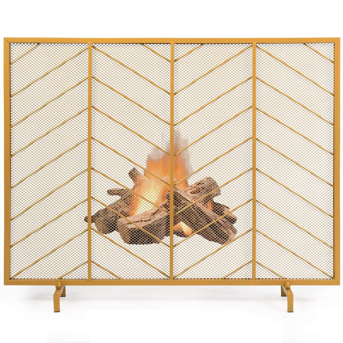 Tangkula Fireplace Screen, Contemporary Chevron Freestanding Fireplace Screen w/Sturdy Wrought Iron Frame, Gold-Tone Fire Spark Guard Gate w/Metal Decorative Mesh for Outdoor or Indoor Use