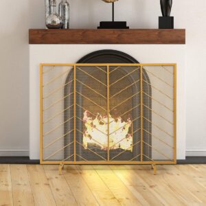 Tangkula Fireplace Screen, Contemporary Chevron Freestanding Fireplace Screen w/Sturdy Wrought Iron Frame, Gold-Tone Fire Spark Guard Gate w/Metal Decorative Mesh for Outdoor or Indoor Use