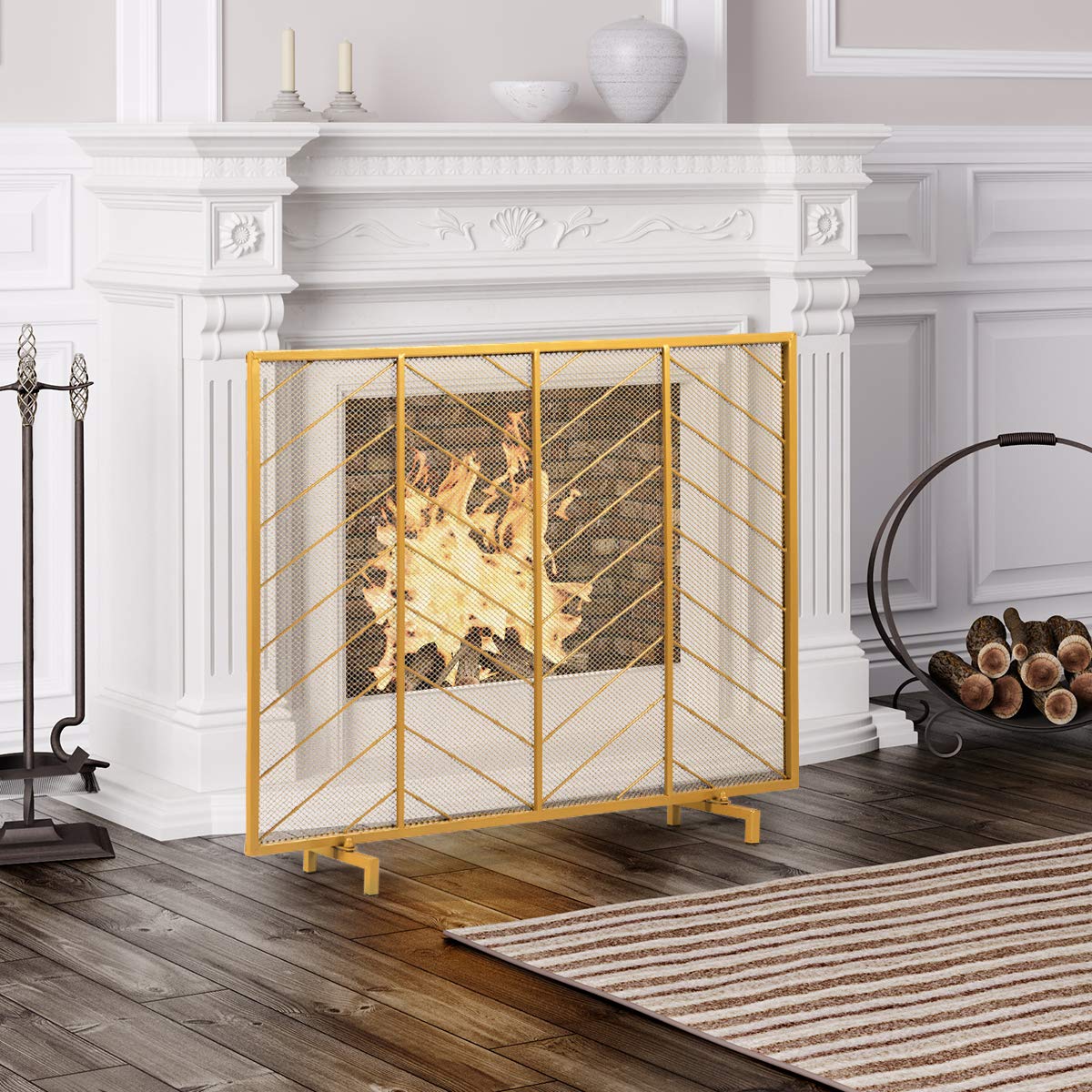 Tangkula Fireplace Screen, Contemporary Chevron Freestanding Fireplace Screen w/Sturdy Wrought Iron Frame, Gold-Tone Fire Spark Guard Gate w/Metal Decorative Mesh for Outdoor or Indoor Use