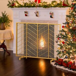 Tangkula Fireplace Screen, Contemporary Chevron Freestanding Fireplace Screen w/Sturdy Wrought Iron Frame, Gold-Tone Fire Spark Guard Gate w/Metal Decorative Mesh for Outdoor or Indoor Use