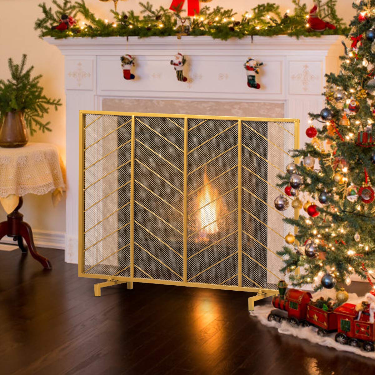 Tangkula Fireplace Screen, Contemporary Chevron Freestanding Fireplace Screen w/Sturdy Wrought Iron Frame, Gold-Tone Fire Spark Guard Gate w/Metal Decorative Mesh for Outdoor or Indoor Use