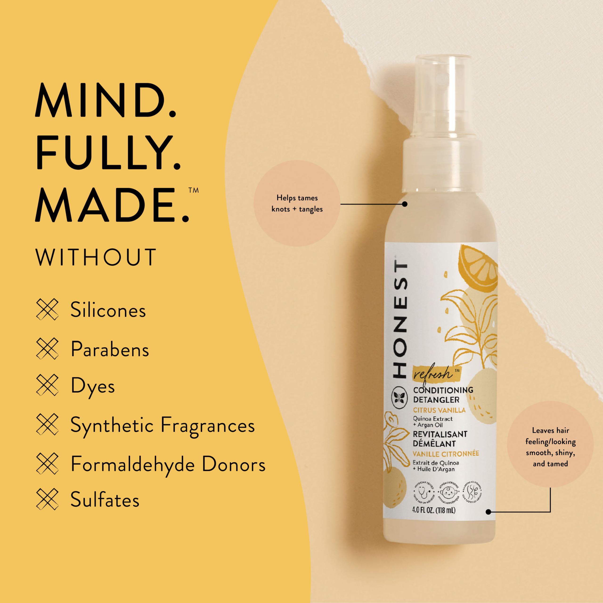 The Honest Company Conditioning Hair Detangler 3-Pack | Leave-in Conditioner + Fortifying Spray | Tear-free, Cruelty-Free, Hypoallergenic | Citrus Vanilla Refresh, 4 fl oz each (pack of 3)