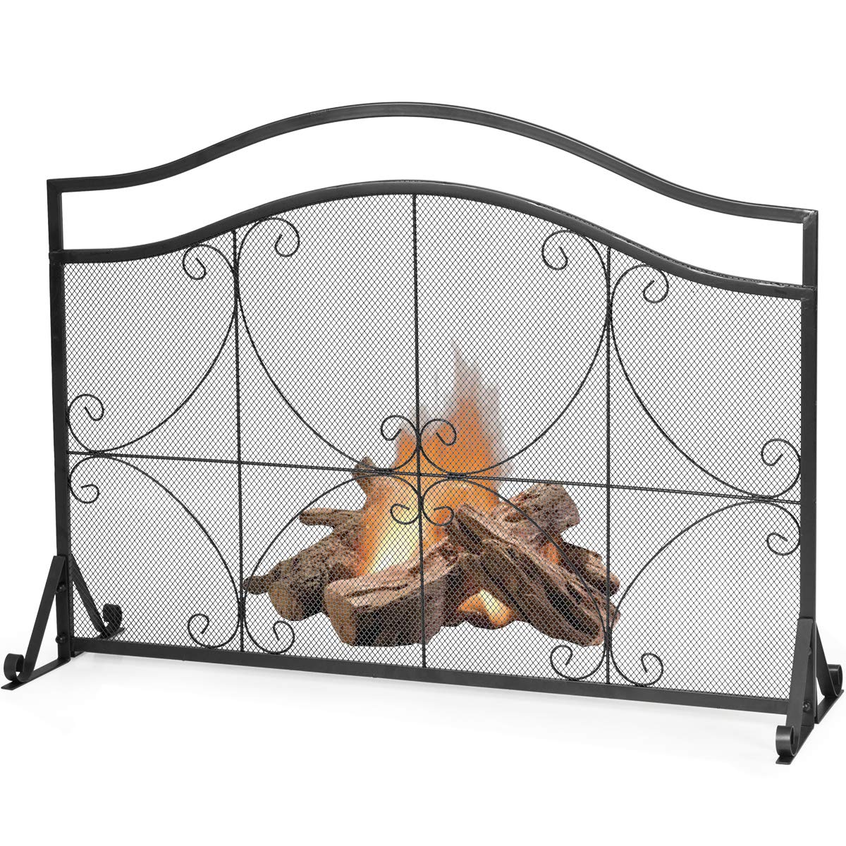 Tangkula 44.5” X 33” Inch Fireplace Screen, Decorative Iron Single Panel Fire Spark Guard Gate w/Metal Mesh, Rustproof Solid Free Standing Fire Screen for Baby or Pet Safe, Outdoor or Indoor Use