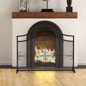 Tangkula 44.5” X 33” Inch Fireplace Screen, Decorative Iron Single Panel Fire Spark Guard Gate w/Metal Mesh, Rustproof Solid Free Standing Fire Screen for Baby or Pet Safe, Outdoor or Indoor Use