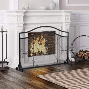 Tangkula 44.5” X 33” Inch Fireplace Screen, Decorative Iron Single Panel Fire Spark Guard Gate w/Metal Mesh, Rustproof Solid Free Standing Fire Screen for Baby or Pet Safe, Outdoor or Indoor Use