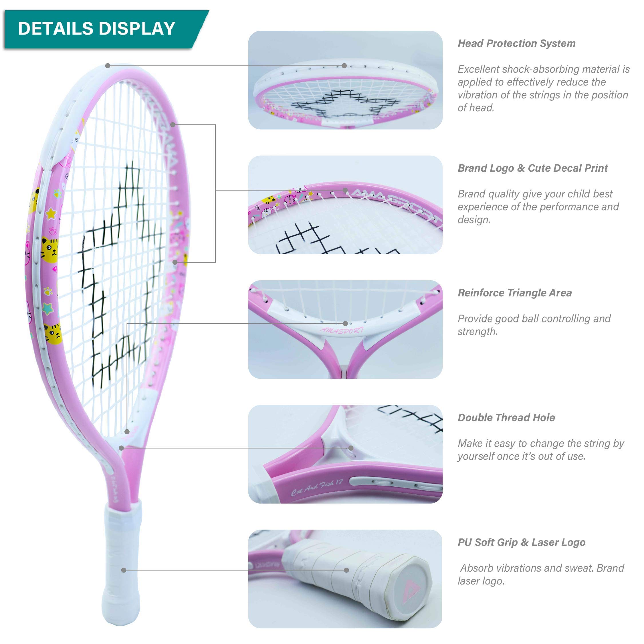 Kids Tennis Racket for Junior Toddlers Starter Kit 17" Pink for Girl Toddlers with Shoulder Strap Bag (Baby Pink, 17)