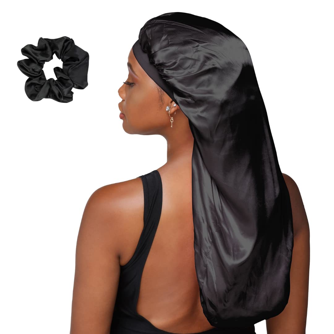 Snatched Flames Double Layered Satin Long Bonnet for Women with Braids, Dreadlocks, Wigs, or Natural Hair+Includes Satin Scruchie (Black)