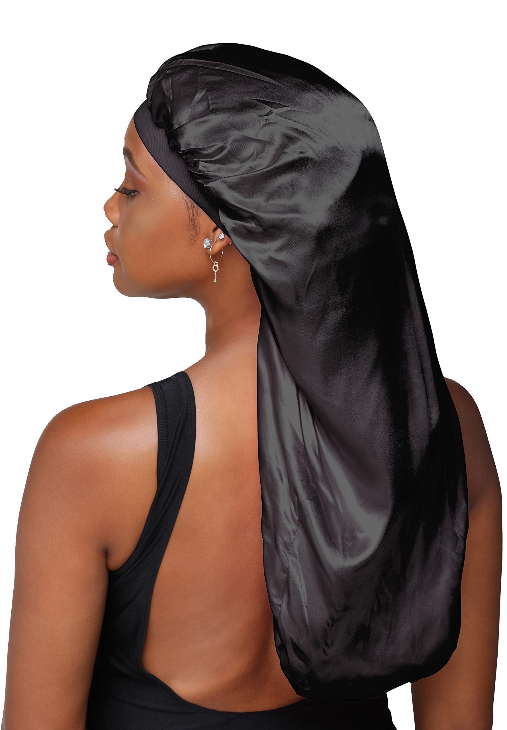 Snatched Flames Double Layered Satin Long Bonnet for Women with Braids, Dreadlocks, Wigs, or Natural Hair+Includes Satin Scruchie (Black)