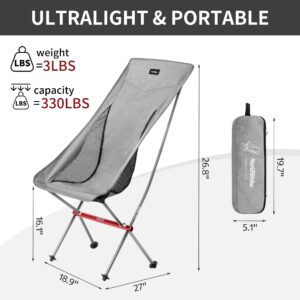 Naturehike Folding Camping Chair, Lightweight High Back Portable Compact Chair, Large Heavy Duty 330lbs for Adults, Hiking Camp Backpacking Festival Travel Beach Picnic Fishing with Storage Bag, Grey