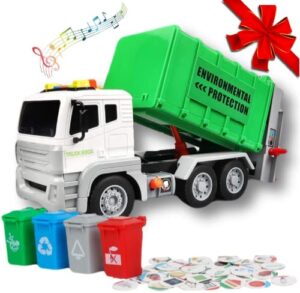 garbage truck toys for boys & girls - trash truck toys with lights & sounds includes 4 toy garbage cans, 40 garbage recycling sorting cards. educational toys for toddlers & kids ages 3 4 5 6+