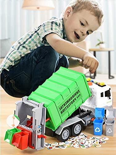 Garbage Truck Toys for Boys & Girls - Trash Truck Toys with Lights & Sounds Includes 4 Toy Garbage Cans, 40 Garbage Recycling Sorting Cards. Educational Toys for Toddlers & Kids Ages 3 4 5 6+