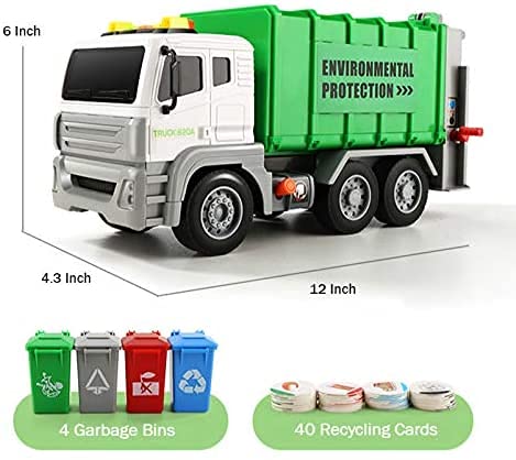 Garbage Truck Toys for Boys & Girls - Trash Truck Toys with Lights & Sounds Includes 4 Toy Garbage Cans, 40 Garbage Recycling Sorting Cards. Educational Toys for Toddlers & Kids Ages 3 4 5 6+