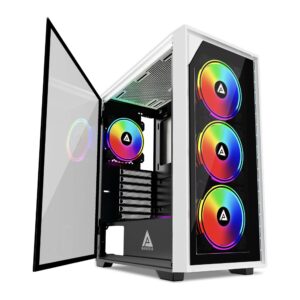 Apevia Genesis-WH Mid Tower Gaming Case with 2 x Tempered Glass Panel, Top USB3.0/USB2.0/Audio Ports, 4 x RGB Fans, White Frame