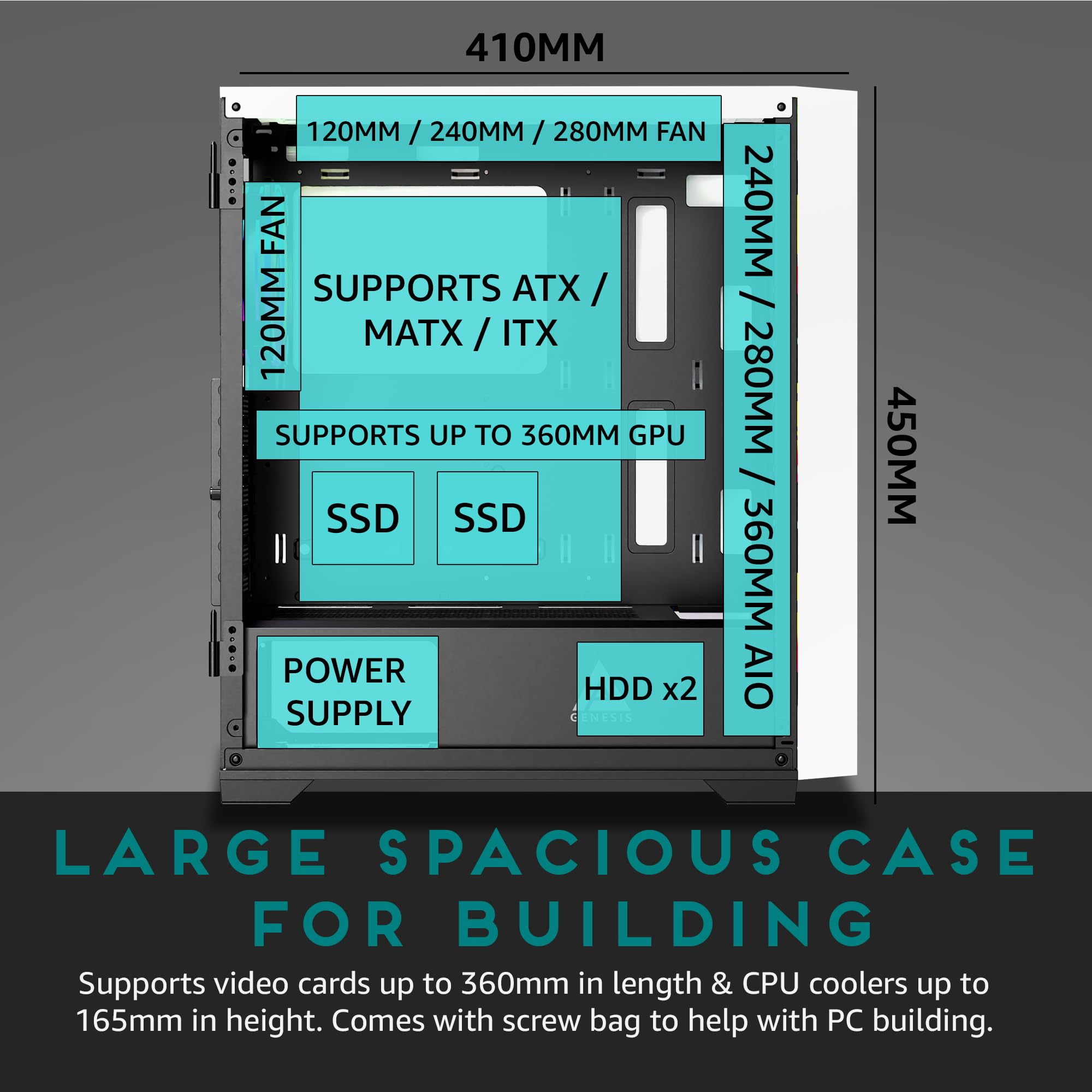 Apevia Genesis-WH Mid Tower Gaming Case with 2 x Tempered Glass Panel, Top USB3.0/USB2.0/Audio Ports, 4 x RGB Fans, White Frame