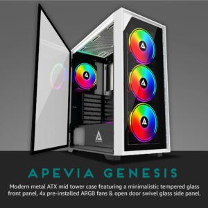 Apevia Genesis-WH Mid Tower Gaming Case with 2 x Tempered Glass Panel, Top USB3.0/USB2.0/Audio Ports, 4 x RGB Fans, White Frame