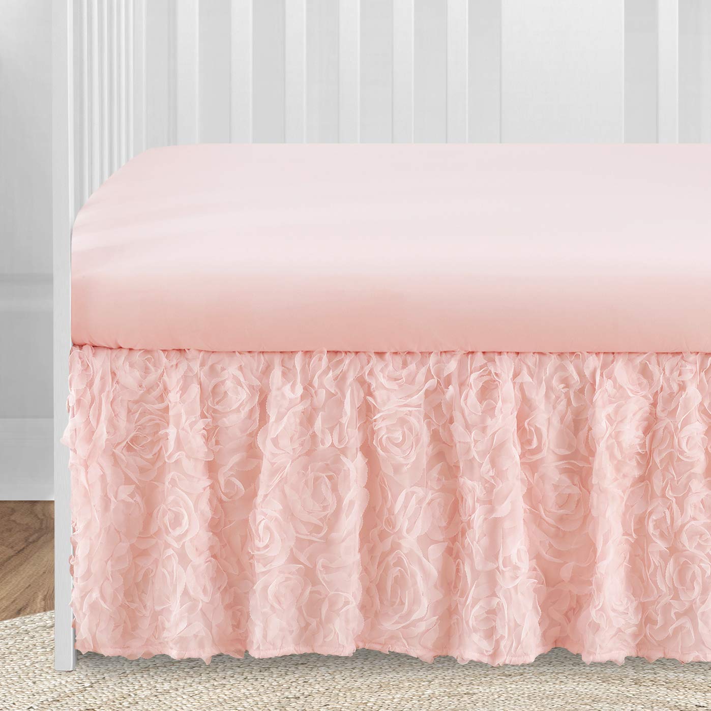 Sweet Jojo Designs Pink Floral Rose Baby Girl Nursery Crib Bedding Set - 4 Pieces - Solid Light Blush Flower Luxurious Elegant Princess Vintage Boho Shabby Chic Luxury Glam High End Ruffle Roses