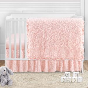 Sweet Jojo Designs Pink Floral Rose Baby Girl Nursery Crib Bedding Set - 4 Pieces - Solid Light Blush Flower Luxurious Elegant Princess Vintage Boho Shabby Chic Luxury Glam High End Ruffle Roses