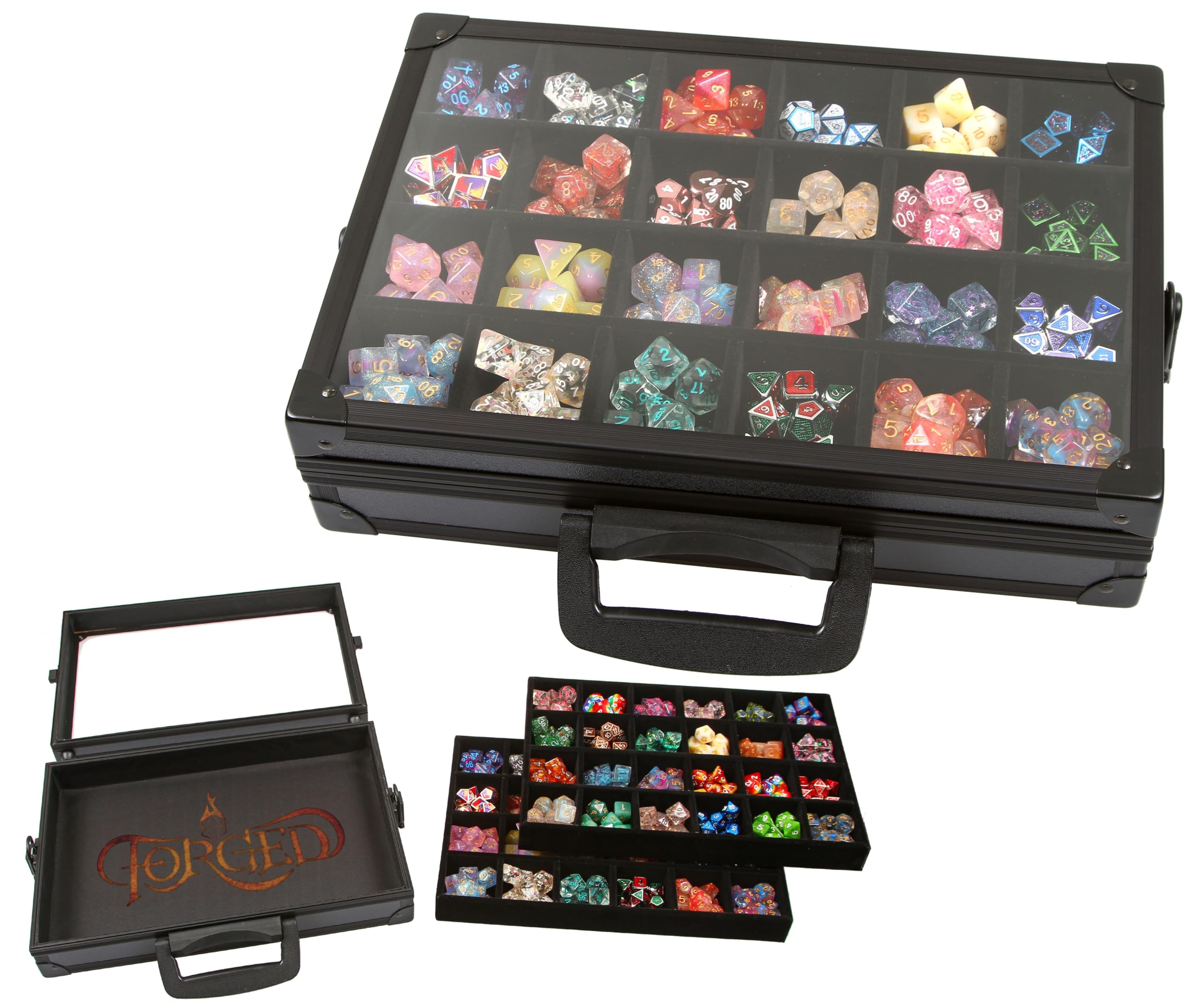 Forged Dice Co. Dice Display Case and Rolling Tray with 2 Removable Divided Dice Trays - Storage Box Holds up to 480 Metal or Plastic Polyhedral Dice Sets - Great for Dice Collectors or RPG D&D Games