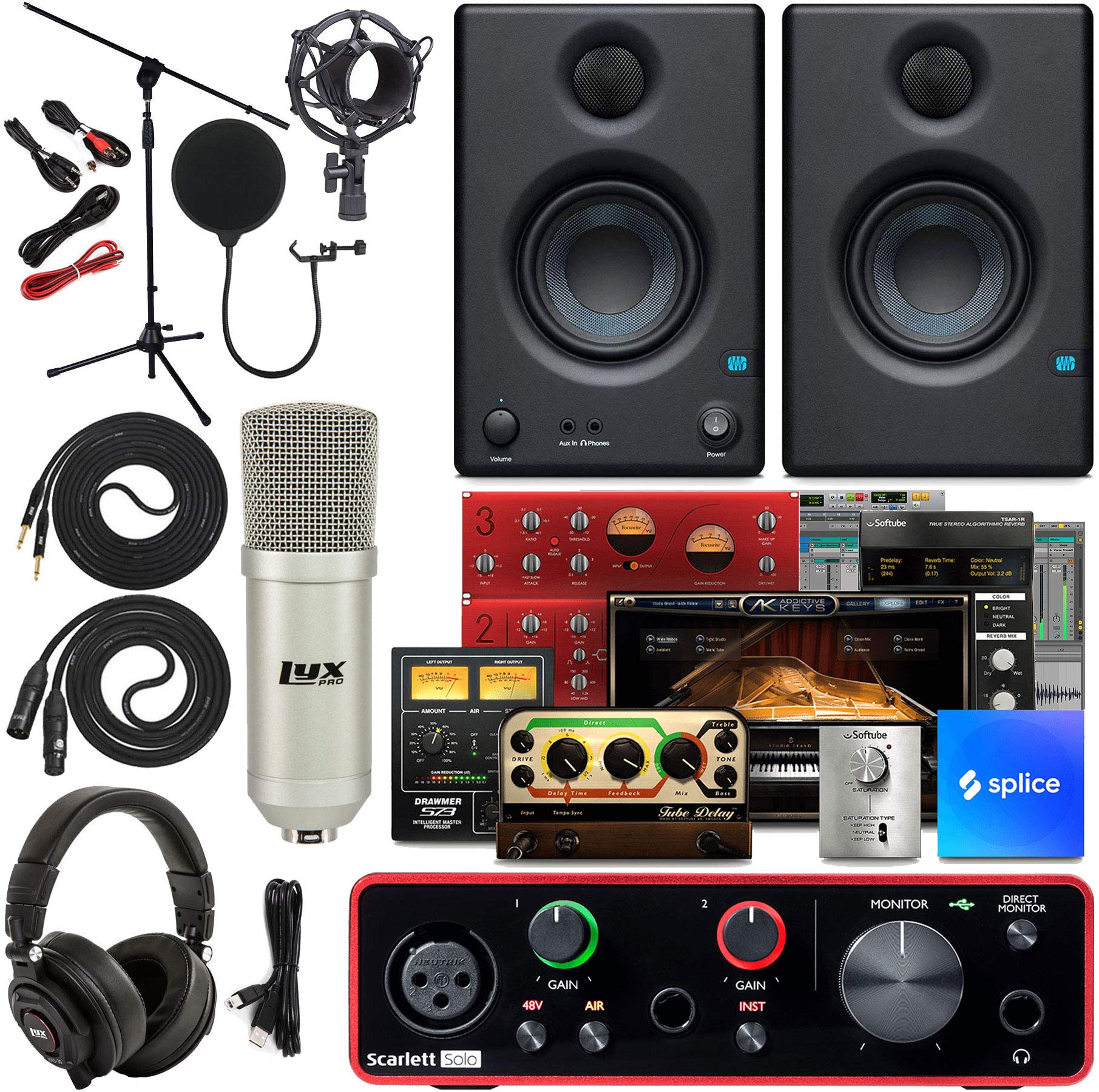 Focusrite Scarlett Solo 2x2 USB Audio Interface Full Studio Bundle with Creative Music Production Software Kit and Eris 4.5 Pair Studio Monitors and 1/4” Instrument Cables