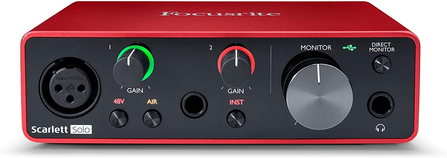 Focusrite Scarlett Solo 2x2 USB Audio Interface Full Studio Bundle with Creative Music Production Software Kit and Eris 4.5 Pair Studio Monitors and 1/4” Instrument Cables