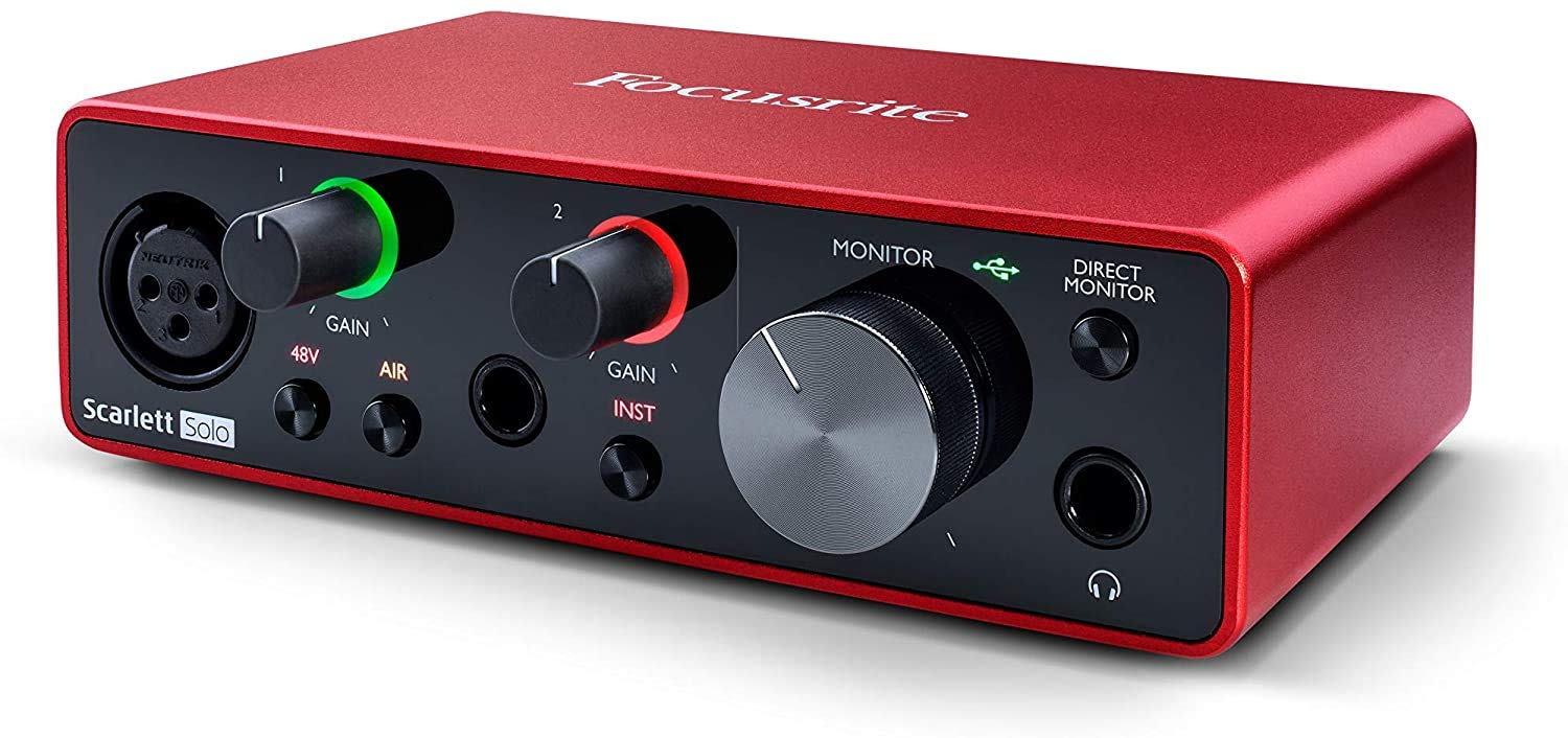 Focusrite Scarlett Solo 2x2 USB Audio Interface Full Studio Bundle with Creative Music Production Software Kit and Eris 4.5 Pair Studio Monitors and 1/4” Instrument Cables