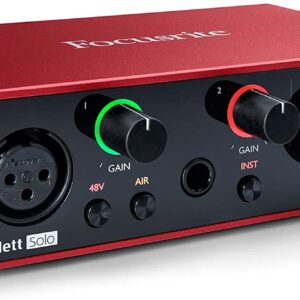 Focusrite Scarlett Solo 2x2 USB Audio Interface Full Studio Bundle with Creative Music Production Software Kit and Eris 4.5 Pair Studio Monitors and 1/4” Instrument Cables